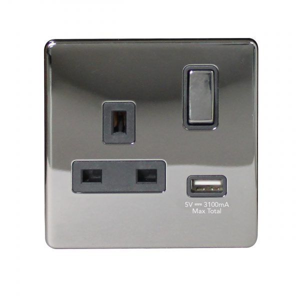 Black Nickel Screwless 13A & 2.1A USB Charger 1-Gang Plug Socket ...