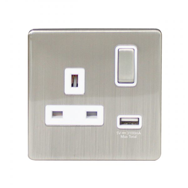 Brushed Stainless Steel Screwless 13A & 2.1A USB Charger 1-Gang Plug ...